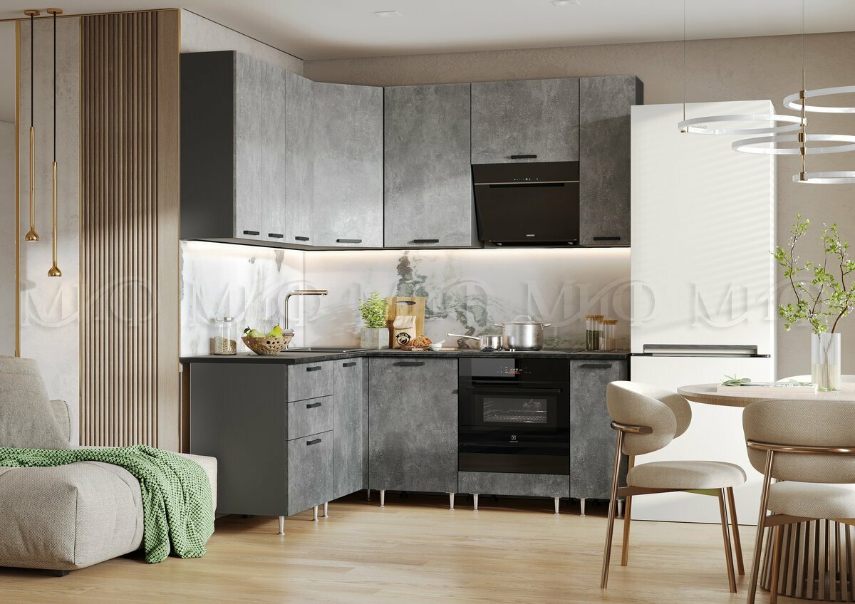 Кухня угловая Миф Рио NEW 1,6х2,0/900м (490) Компановка №2 (Бетон светлый/ Бетон темный, Графит (Кастилло темный))