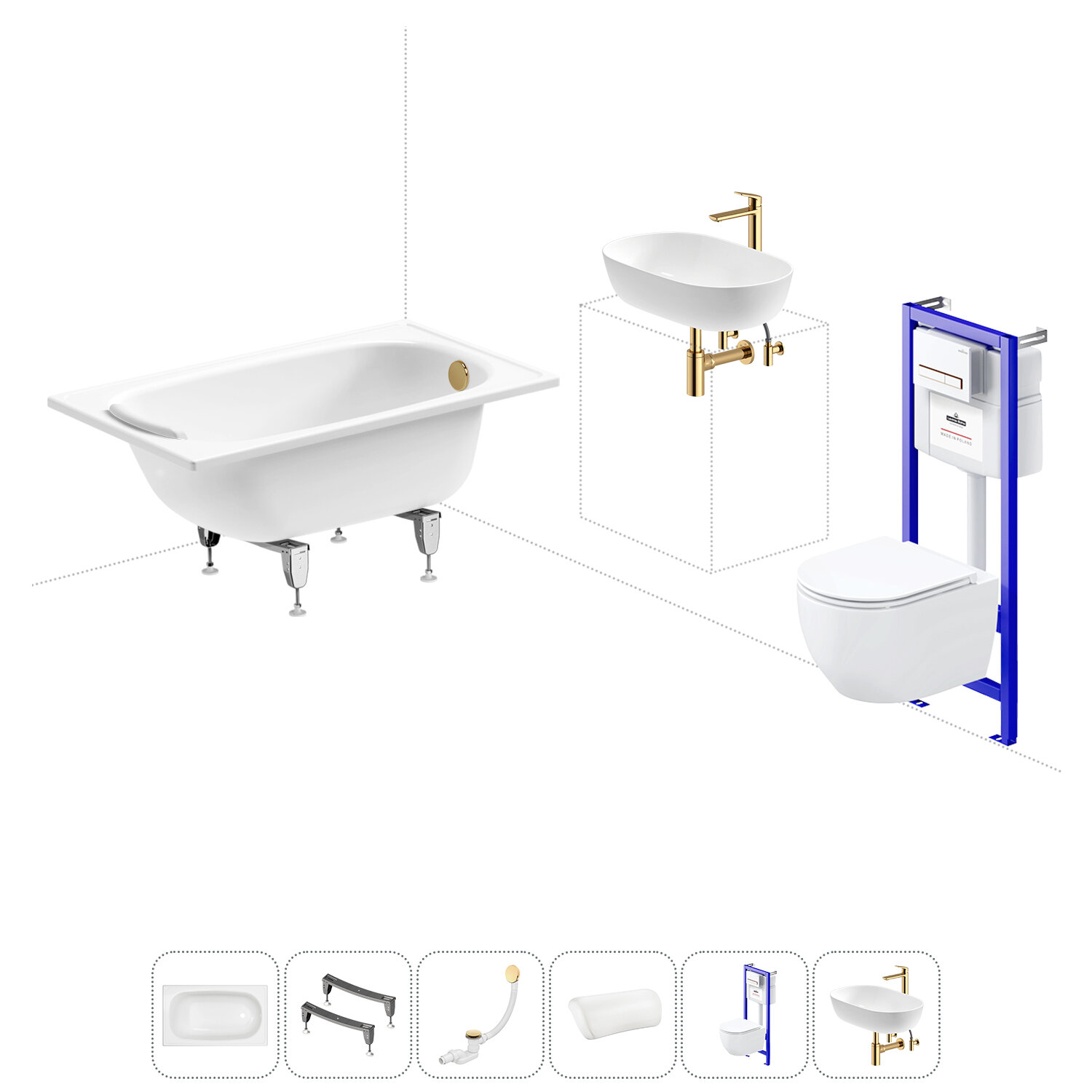 Стальная ванна 120х70 Sanitana BLB Europa 20220772R в наборе 6 в 1: металлическая ванна 120 х 70 см, ножки, слив-перелив, подголовник, инсталляция с унитазом, раковина с комплектом для подключения