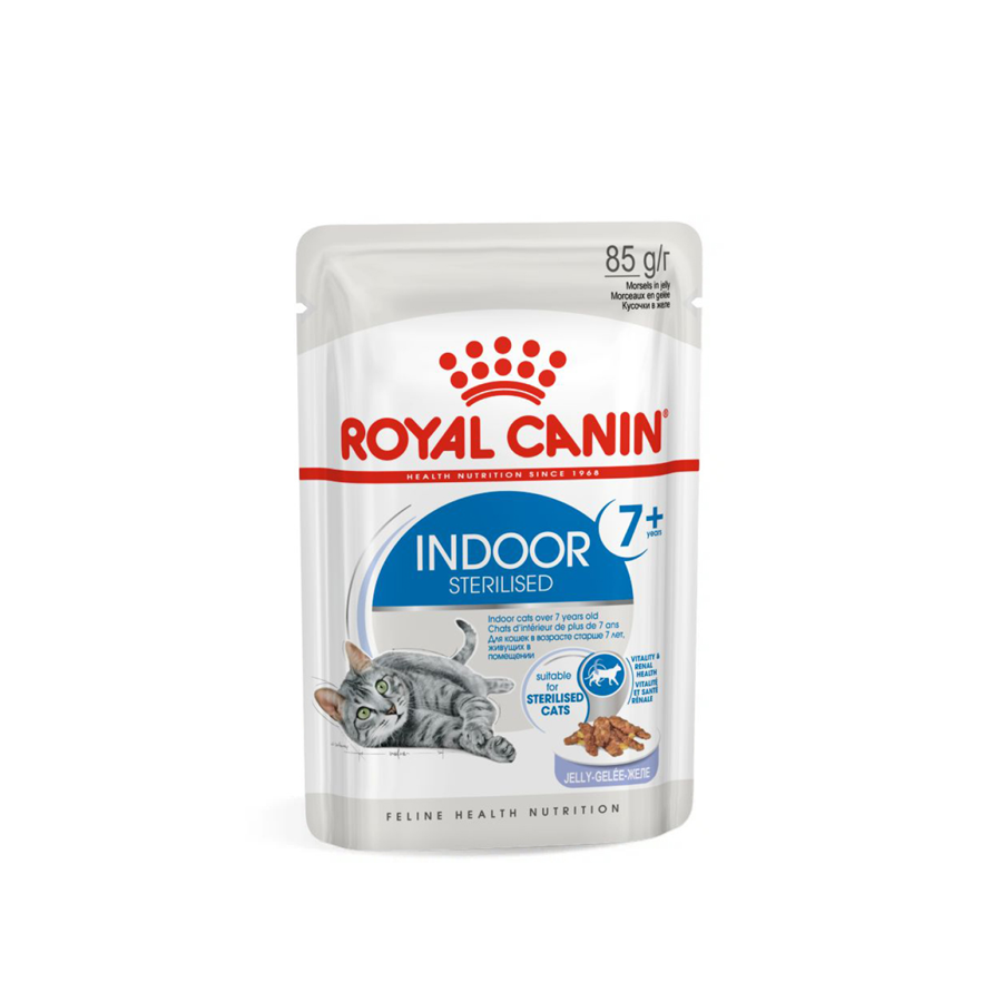 Royal Canin Корм Индор Стерилайзд 7+ консервированный полнорационный для кошек старше 7 лет, живущих в помещении, кусочки в желе, 0.085 кг