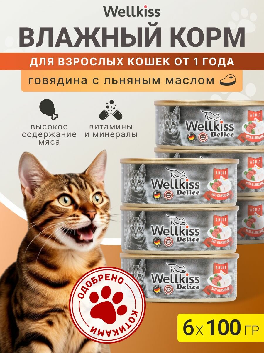 Wellkiss Delice Влажный корм (консервы) для кошек, говядина с льняным маслом, 100 гр. * 6 шт.
