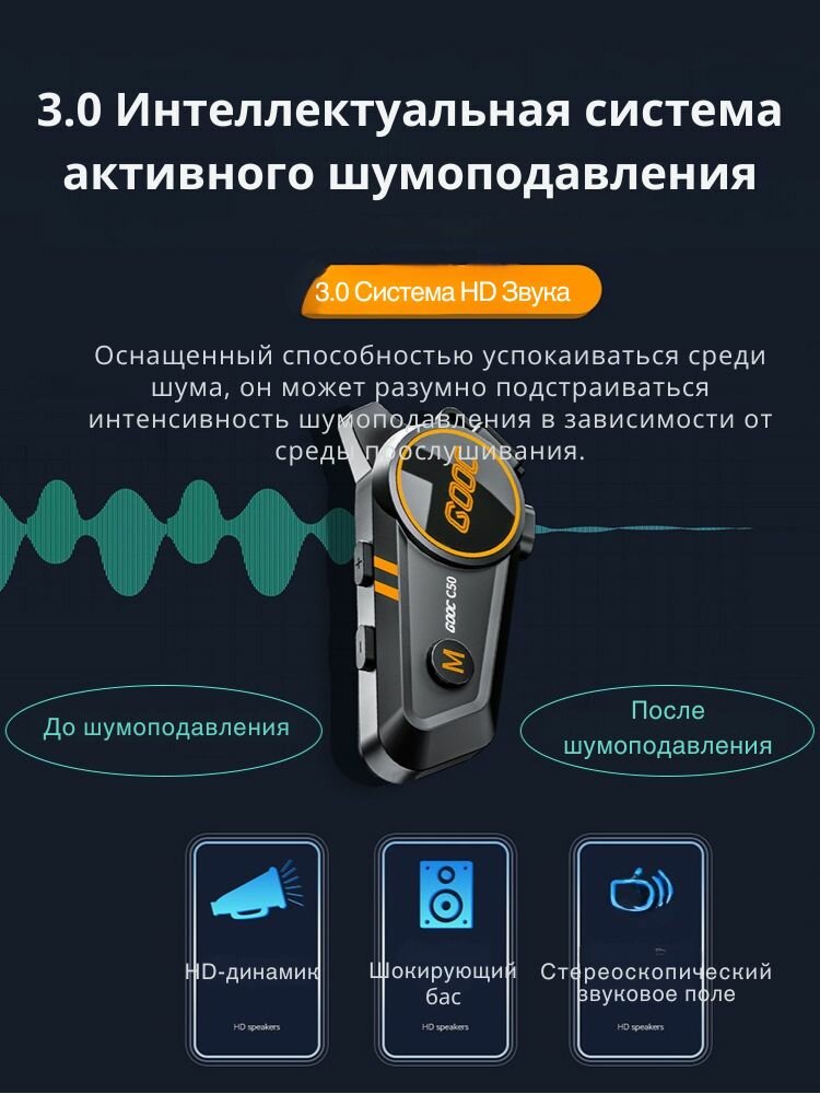 Мотогарнитура для шлема GOOC C50MAX Bluetooth 5.3 интерком 300м IP67 - 2 микрофона в комплекте
