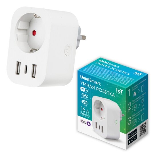 Умная Wi-Fi розетка Uniel 2USB+Type-C USH-A103 1G/UC/WF WHITE