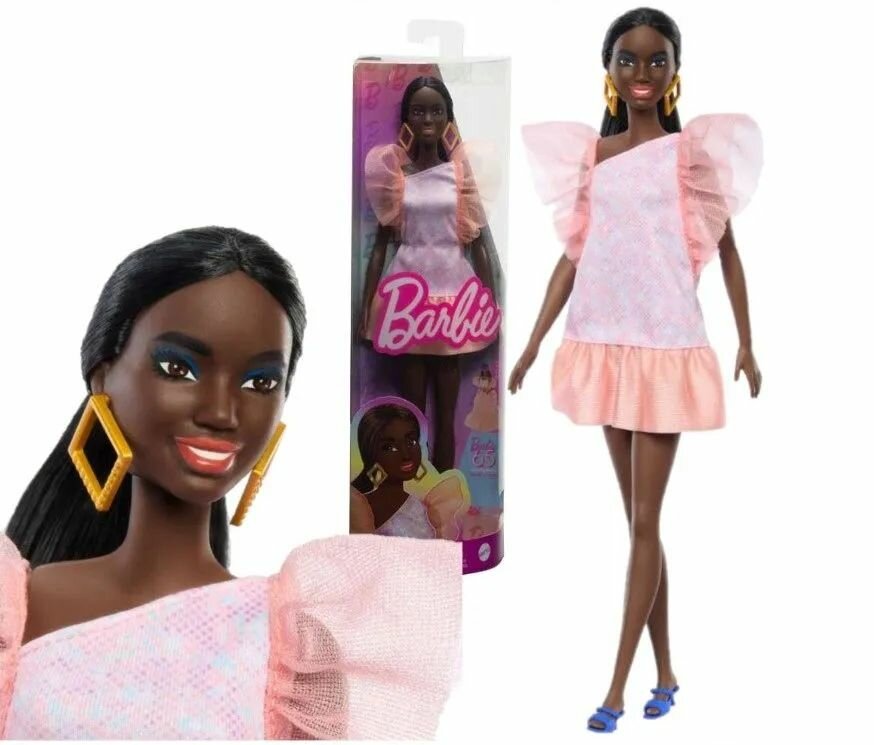 Кукла Mattel Fashionistas, Кукла Барби Модница № 216 с высоким телом и чёрными волосами, в розово-персиковом праздничном платье
