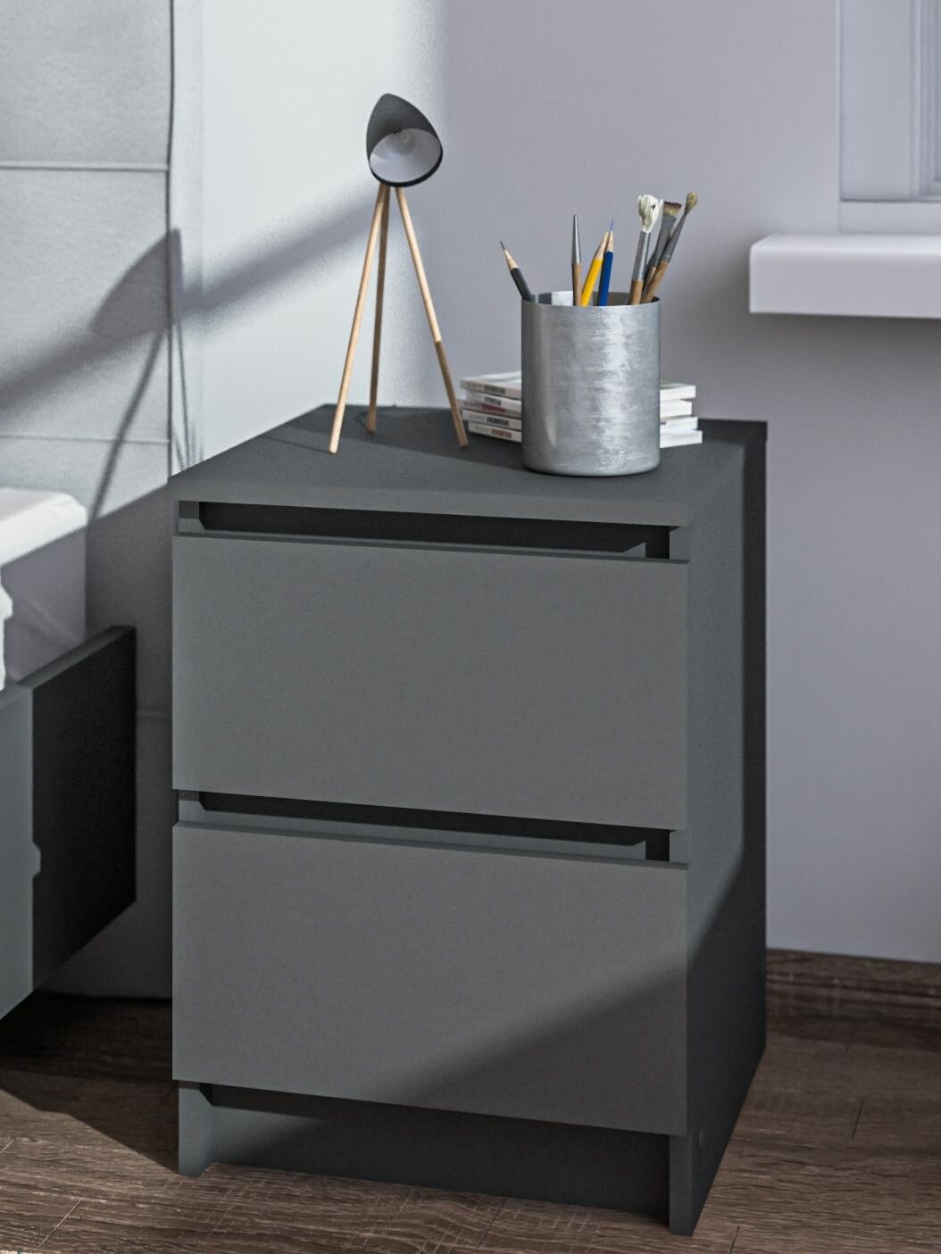 Прикроватная тумба столплит Леон СБ-3293 напольная с двумя выдвижными ящиками ДСП Диамант серый, 39*53*39 см.