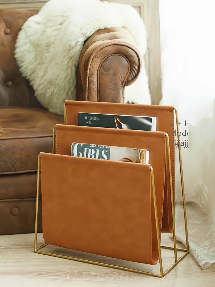 Стойка для газет "Кованое железо + Искусственная кожа", коричневая, 29х18х35 см