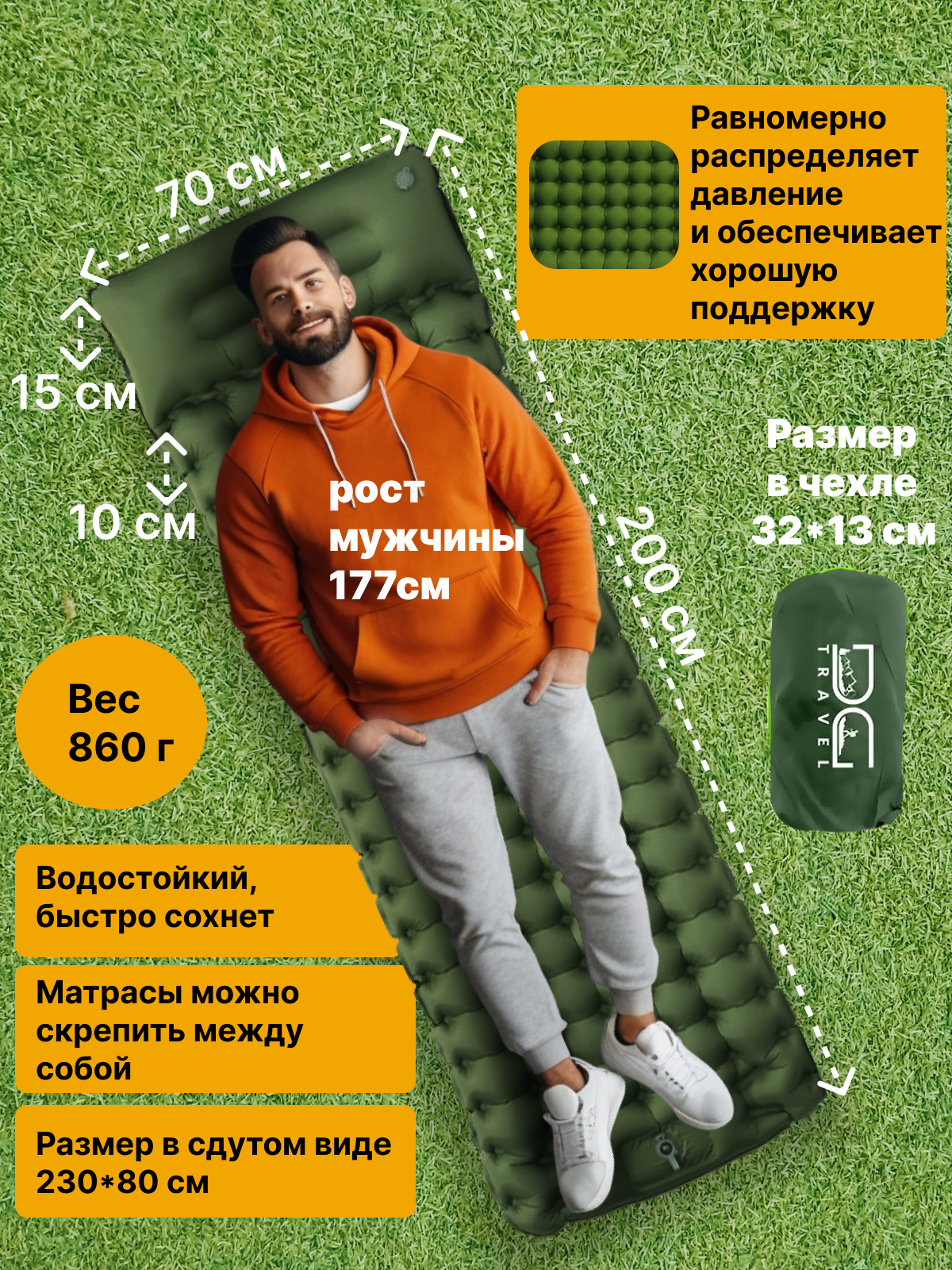 Коврик туристический Матрас самонадувающийся в палатку тактический складной DG travel, всесезонный