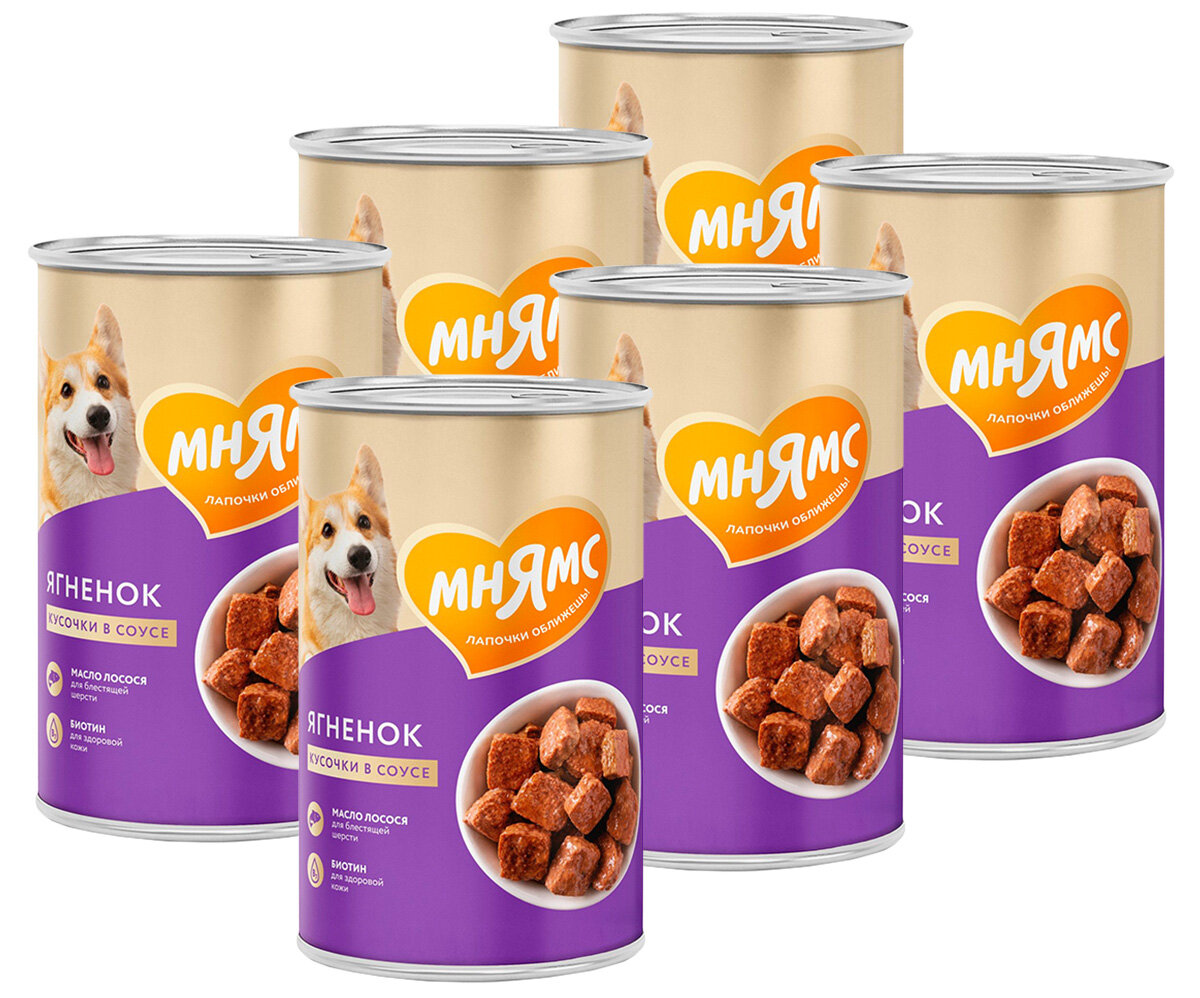 Влажный корм Мнямс Красивая Шерсть для взрослых собак с чувствительной кожей и шерстью с ягненком с соусе банка, 400 гр х 6 шт