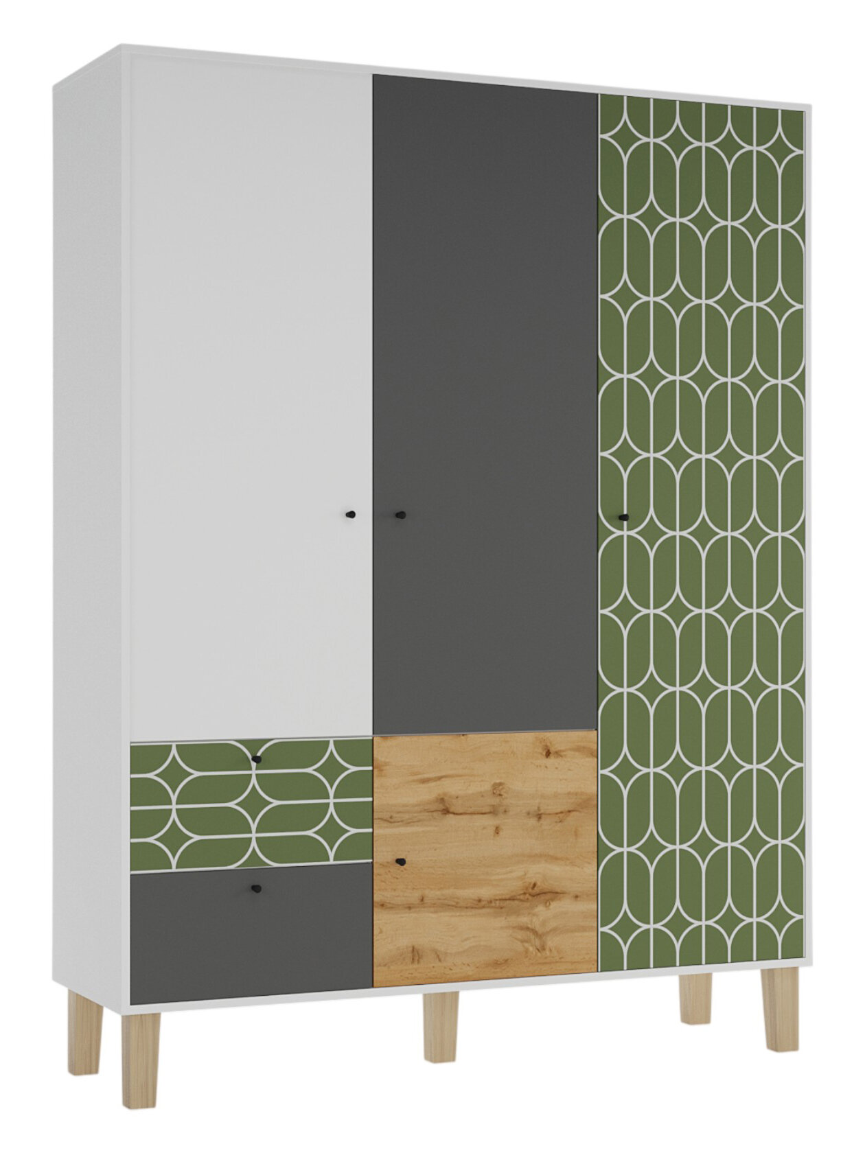 Распашной шкаф для одежды и хранения вещей детский Стори Комби с ящиками, с полками, со штангой, 149х47х197 см, Белый шелк / Темно-серый / Дуб Вотан