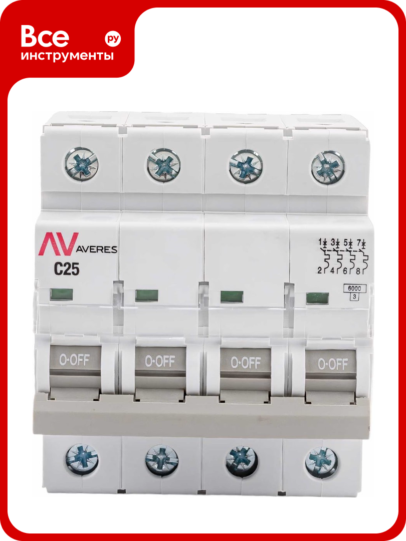 Автоматический выключатель EKF AVERES AV-6, 4P, 25A, C, 6kA mcb6-4-25C-av