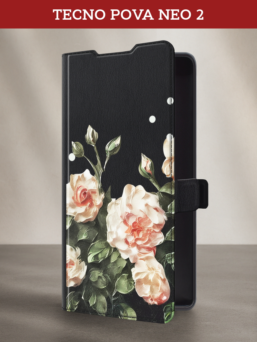 Чехол-книжка на Tecno Pova Neo 2 / Техно Пова Нео 2 с принтом Цветочная картина 2, черный