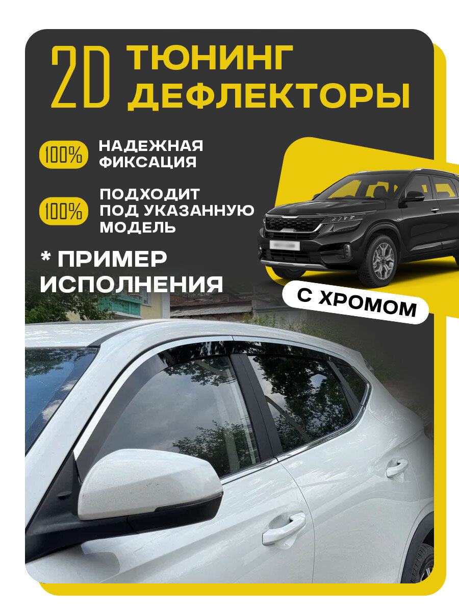Плоские тюнинг дефлекторы с хромом для kia Seltos 1 (2019-2023) / Ветровики 2d дефлекторы для Киа Селтос. Комплект 6 шт.