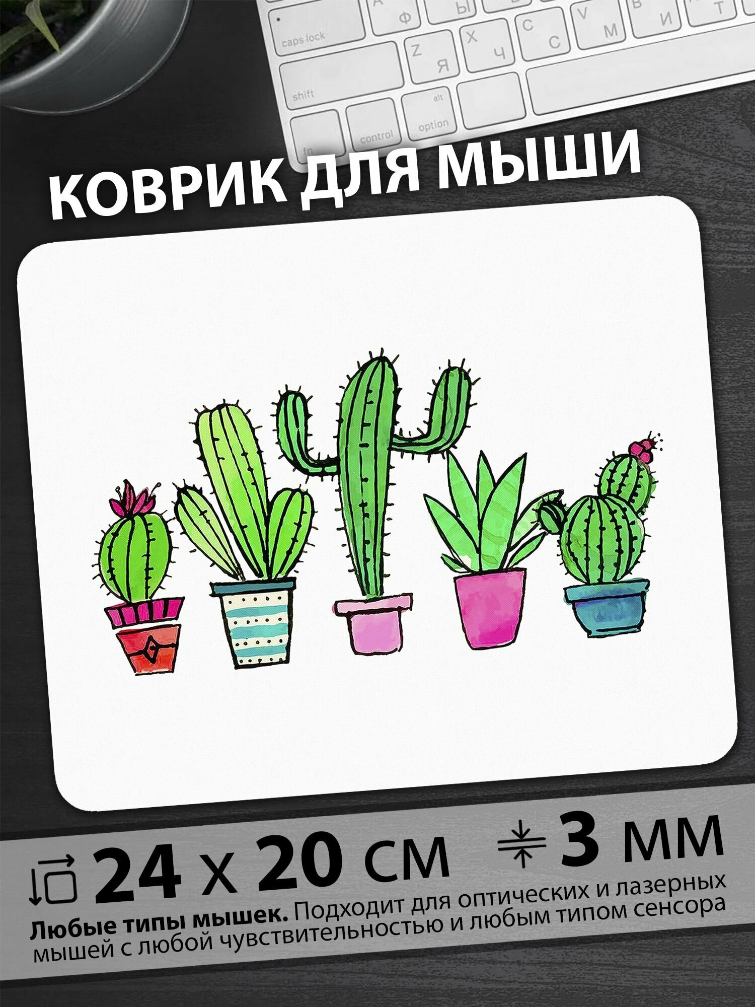 Коврик для мышки "Рисунок с пятью кактусами в ярких горшках для декора"