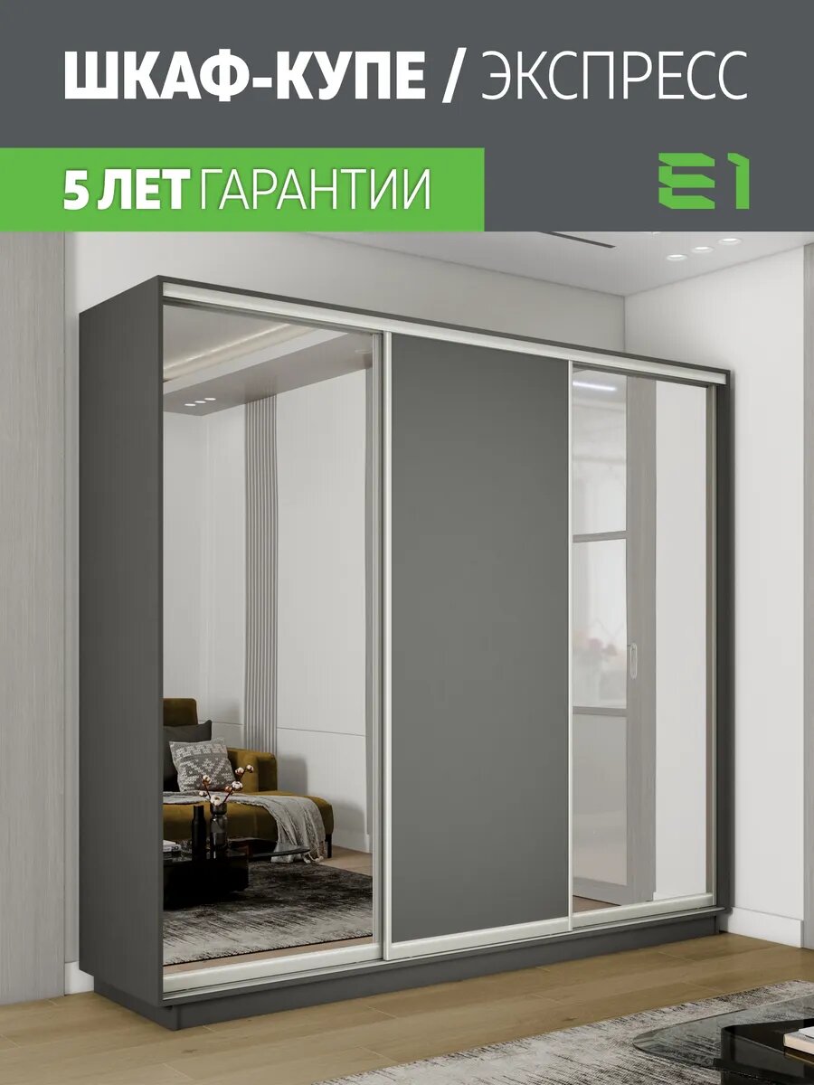 Шкаф-купе Е1 Экспресс трехдверный, 2 зеркала/лдсп, 180х60х220, темно-серый