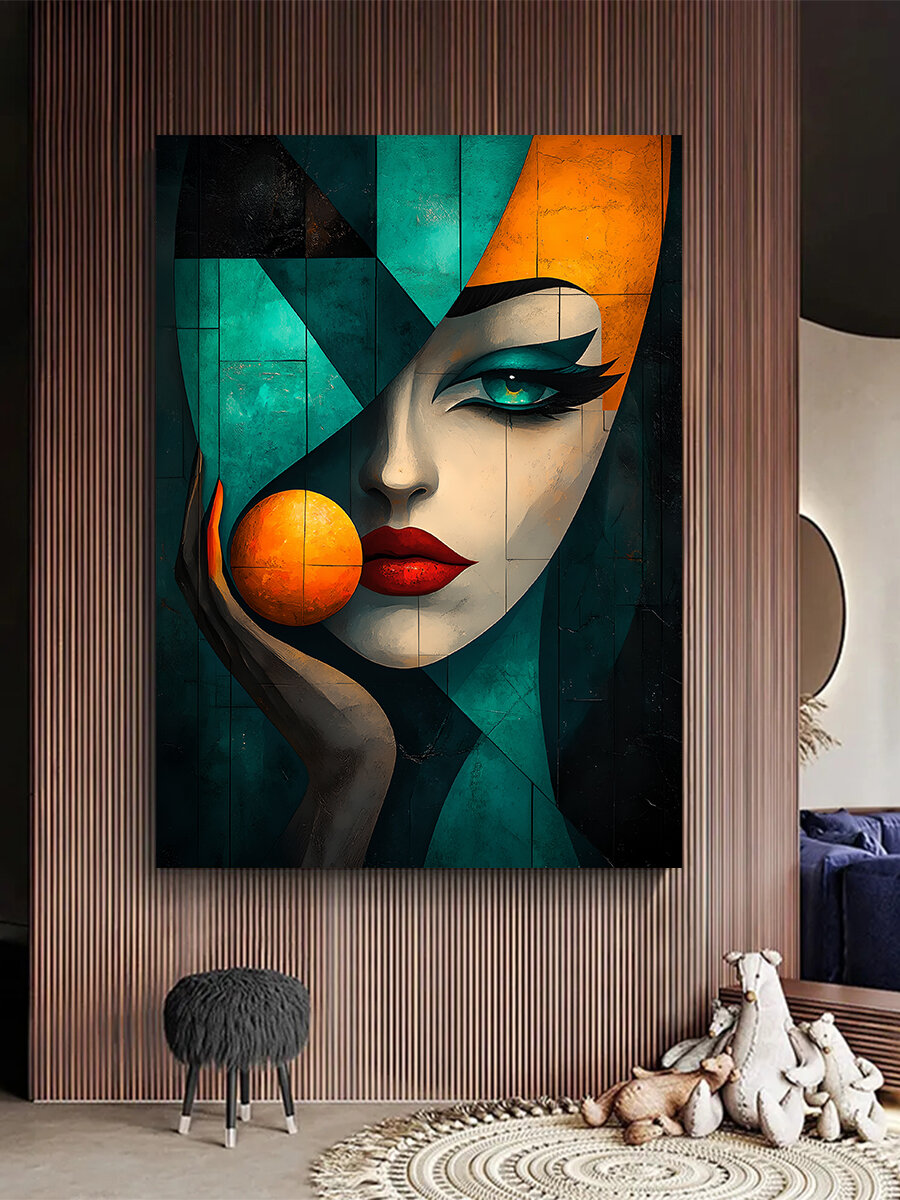 Картина интерьерная - "Абстракция, лицо девушки и шар" , 40х60 см.