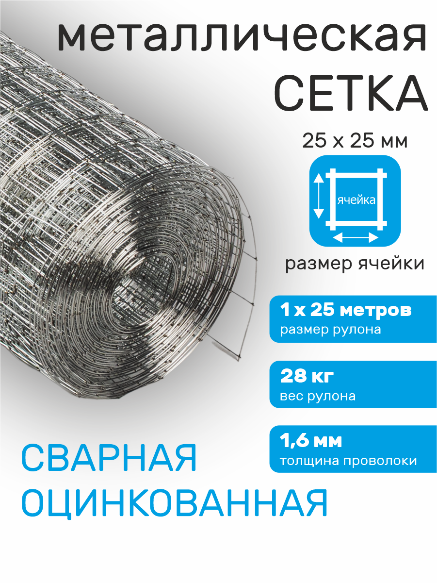 Сетка для забора металлическая садовая сварная строительная ячейка 25 х 25 мм d=1,6 мм (рулон 1 х 25 м)