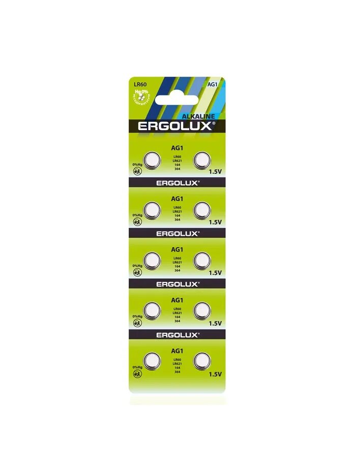 Батарейка Ergolux AG1-BP10 LR621/AG1, 1,5 В, 13 мА. ч, 10 шт в упаковке (14312)