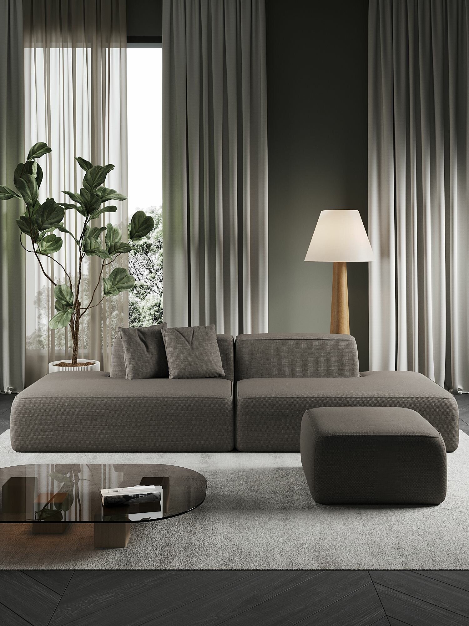 Альтхоум Прямой модульный диван с пуфом 250х105х70 см. COSMO 2 + poof Hi LINE-COMPACT серый, рогожка