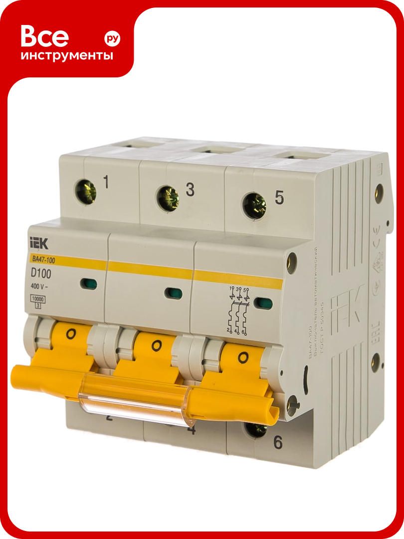 Автоматический, IEK, модульный выключатель IEK 3п D 100А ВА 47-100 10кА ИЭК MVA40-3-100-D
