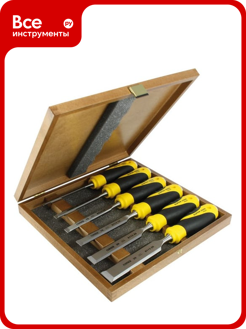 Набор из 6 плоских стамесок с ручкой 6, 10, 12, 16, 20, 26мм в деревянном кейсе NAREX SUPER 2009 LINE PROFI