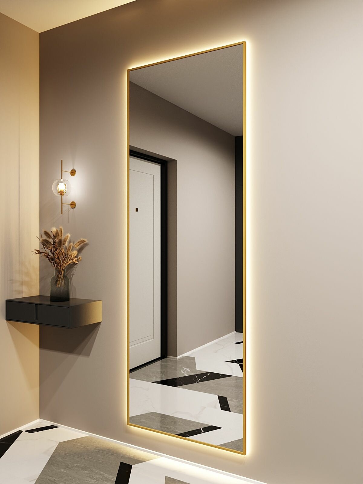 Зеркало настенное 200х70 см. BLX MIRROR с подсветкой в алюминиевой раме. Свет: Теплый белый 3000К, Золото