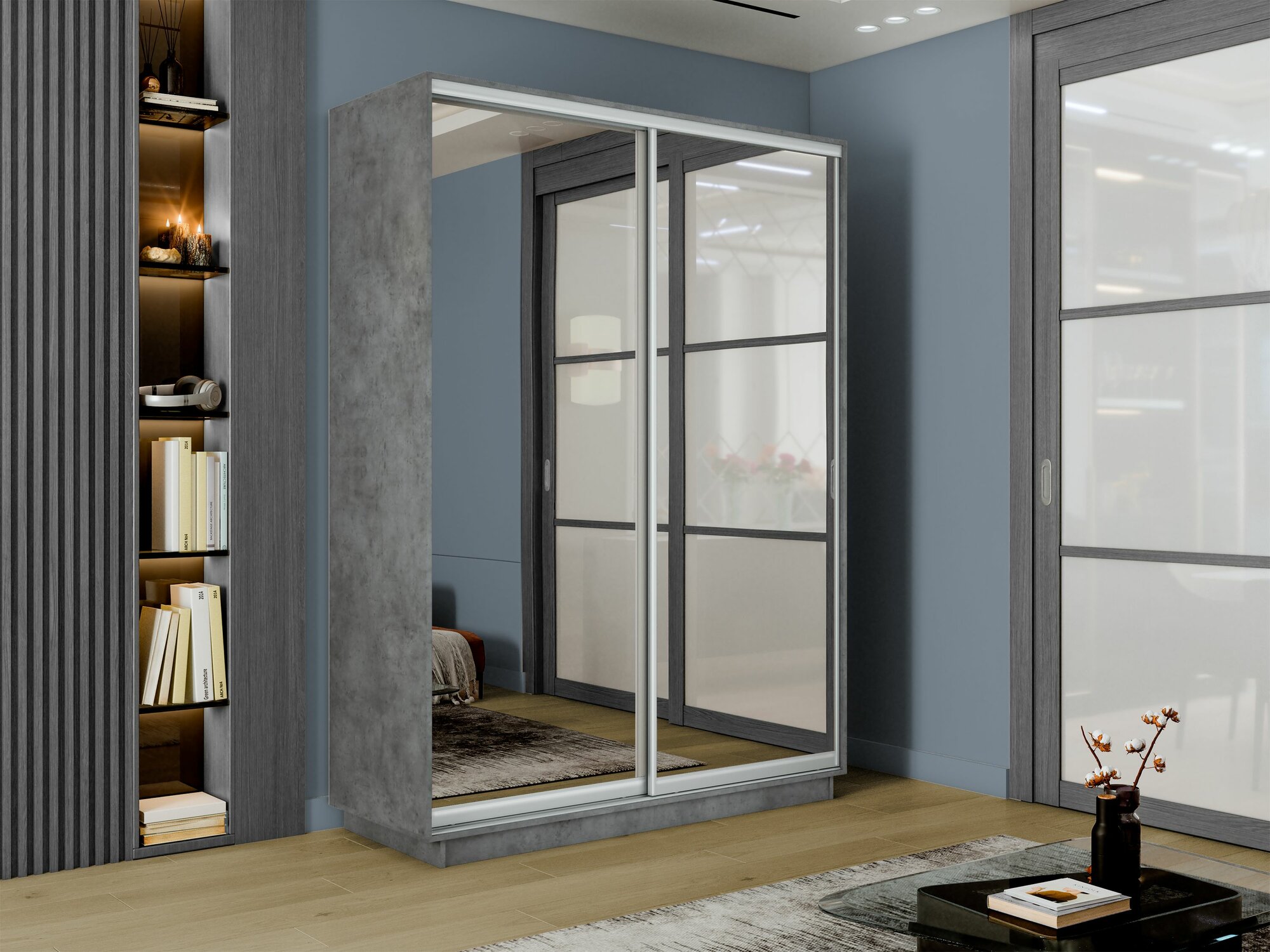 Шкаф купе Вилли 2-х дверный ЛДСП, зеркальные двери, профиль серебро 180 см х 220 см х 60 см (Бетон)