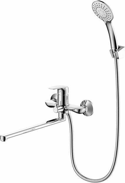 Смеситель с длинным изливом для ванны Milardo Rora RORSB00M10 с душевым гарнитуром, поворотный, латунный, хром, глянцевый, смеситель для ванны с душем, рычажный, с настенным держателем