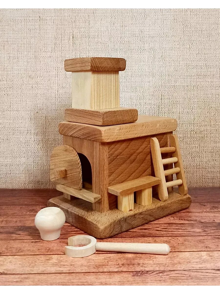 Печь русская с чугунком и ухватом деревянная игрушка сувенир