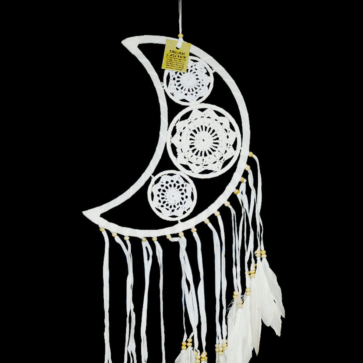 Ловец снов оберег луна С белыми перьями LDS105-1 - притягивает удачу (макраме, высота 75 см.), 1 шт.
