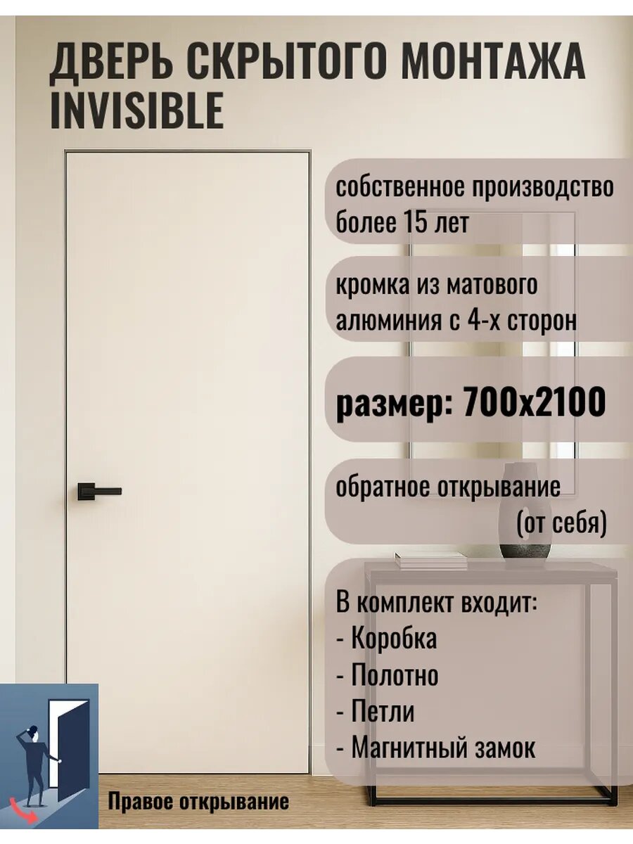 Скрытая дверь с коробкой INVISIBLE AL матовый 2100x700 правая (от себя)