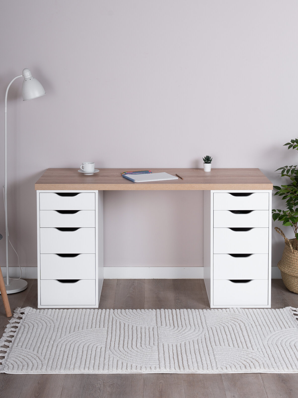 Стол письменный ГУД лакк Ингар, 10 ящиков, 140х75х55 см, белый, столешница дуб беленый