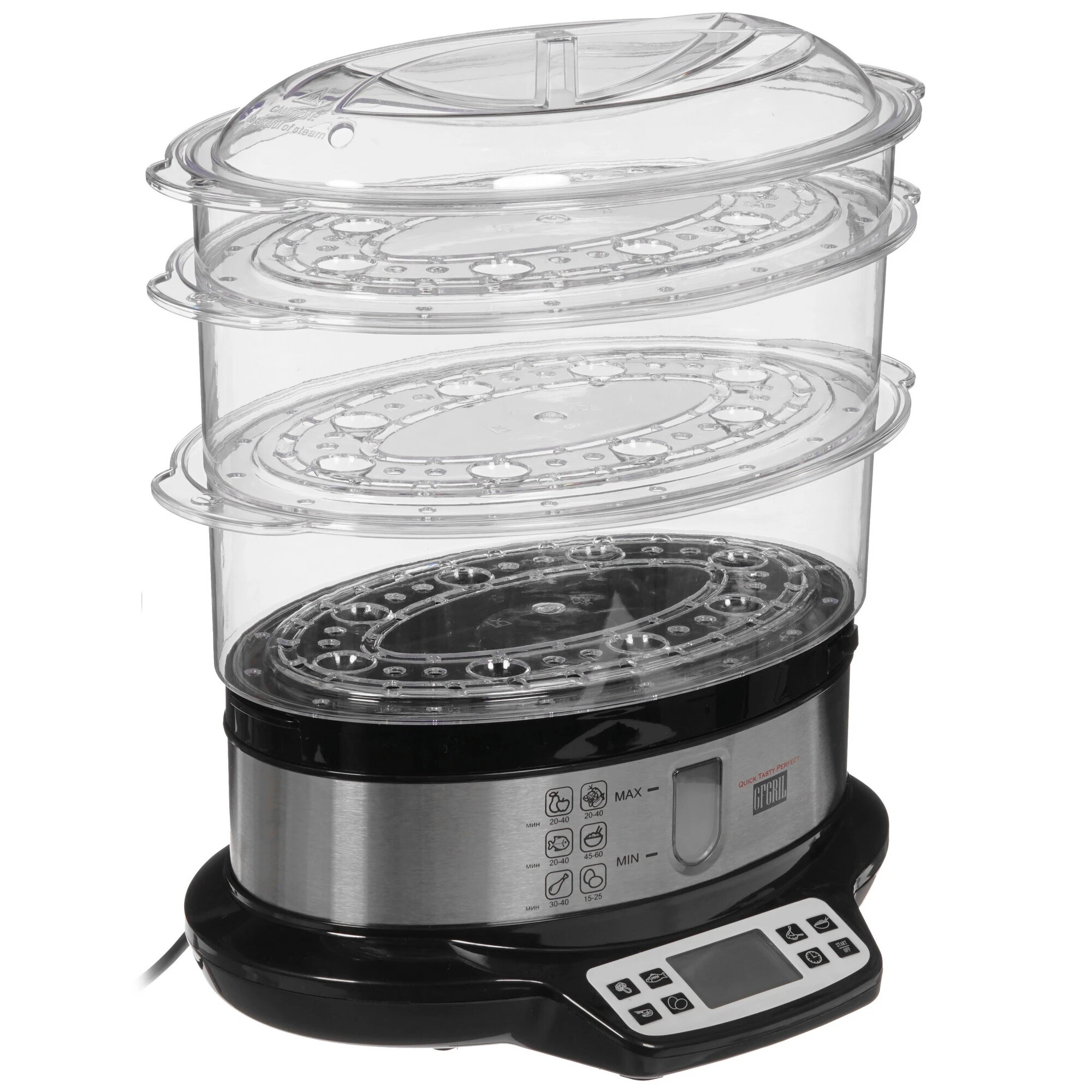 Пароварка электрическая GFGril GFS-7DSS серебристый/черная, 3 яруса, электронное управление, 6 программ, 800Вт