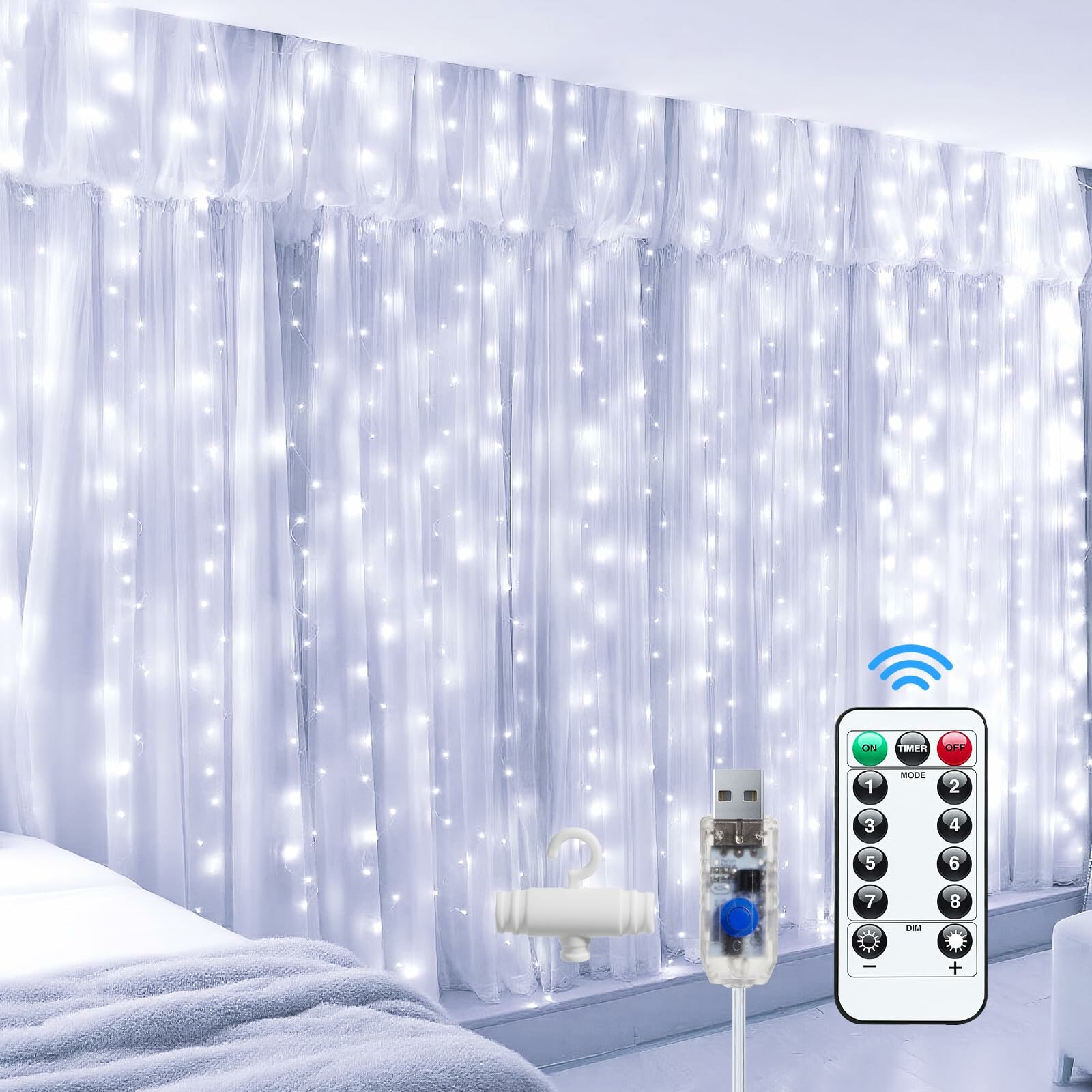 Гирлянда-занавес 200 LED с пультом - 8 режимов, 3x2м, теплый белый свет для дома и праздников