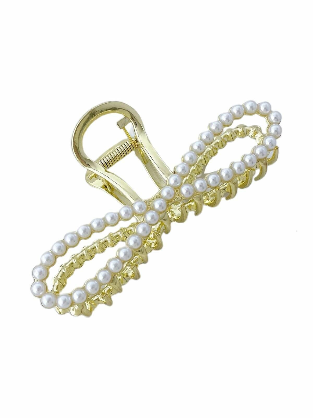 Металлическая заколка со стразами и жемчугом в виде банта-жемчужный стиль