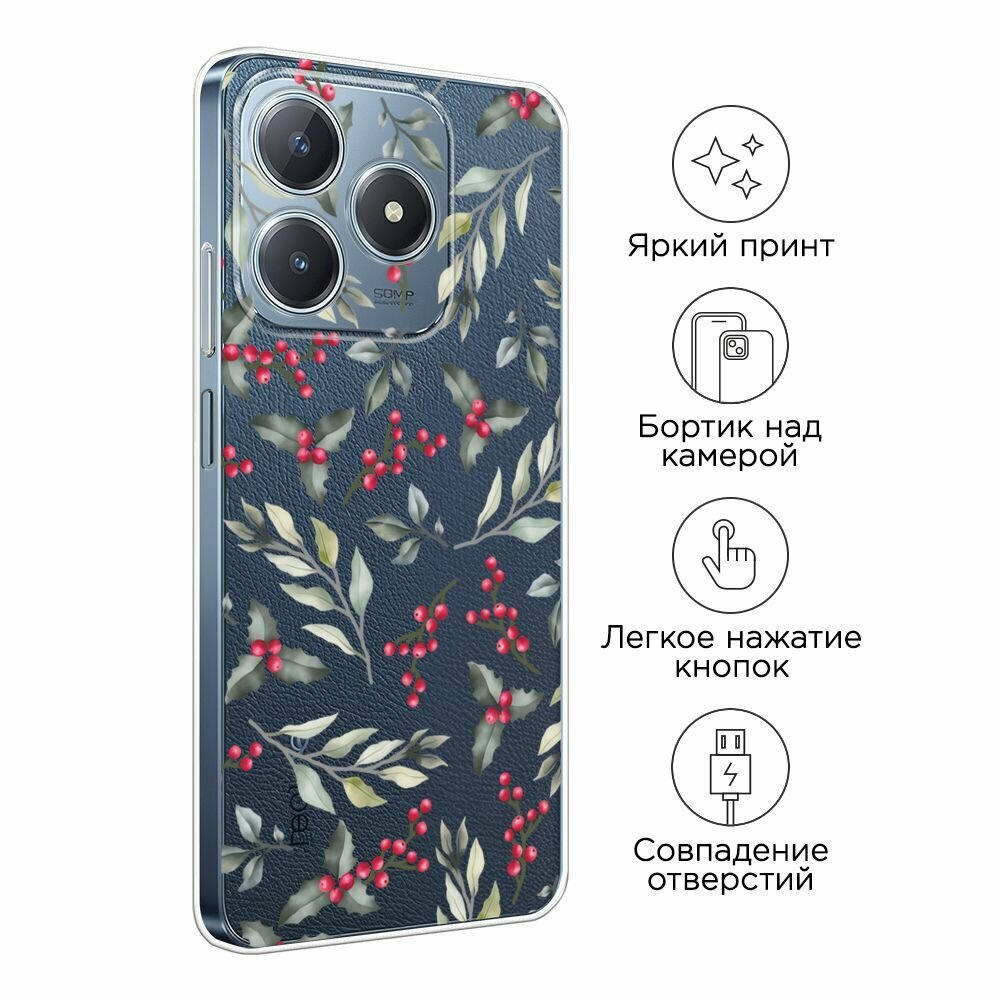 Чехол на Realme C63 / Реалми С63 с принтом Зимние ягоды паттерн, прозрачный — фото 1