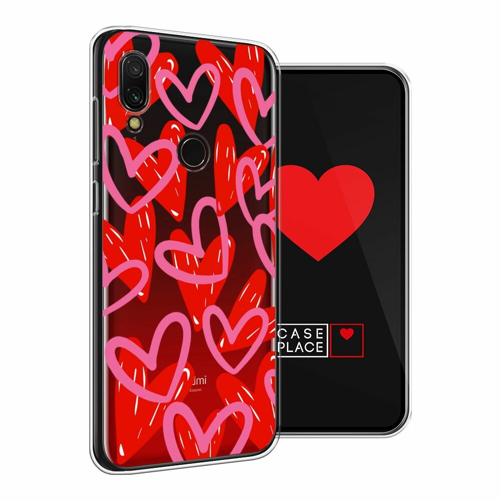 Чехол на Xiaomi Redmi 7 / Сяоми Редми 7 с принтом "Hearts doodles - 14 февраля", прозрачный — фото 1