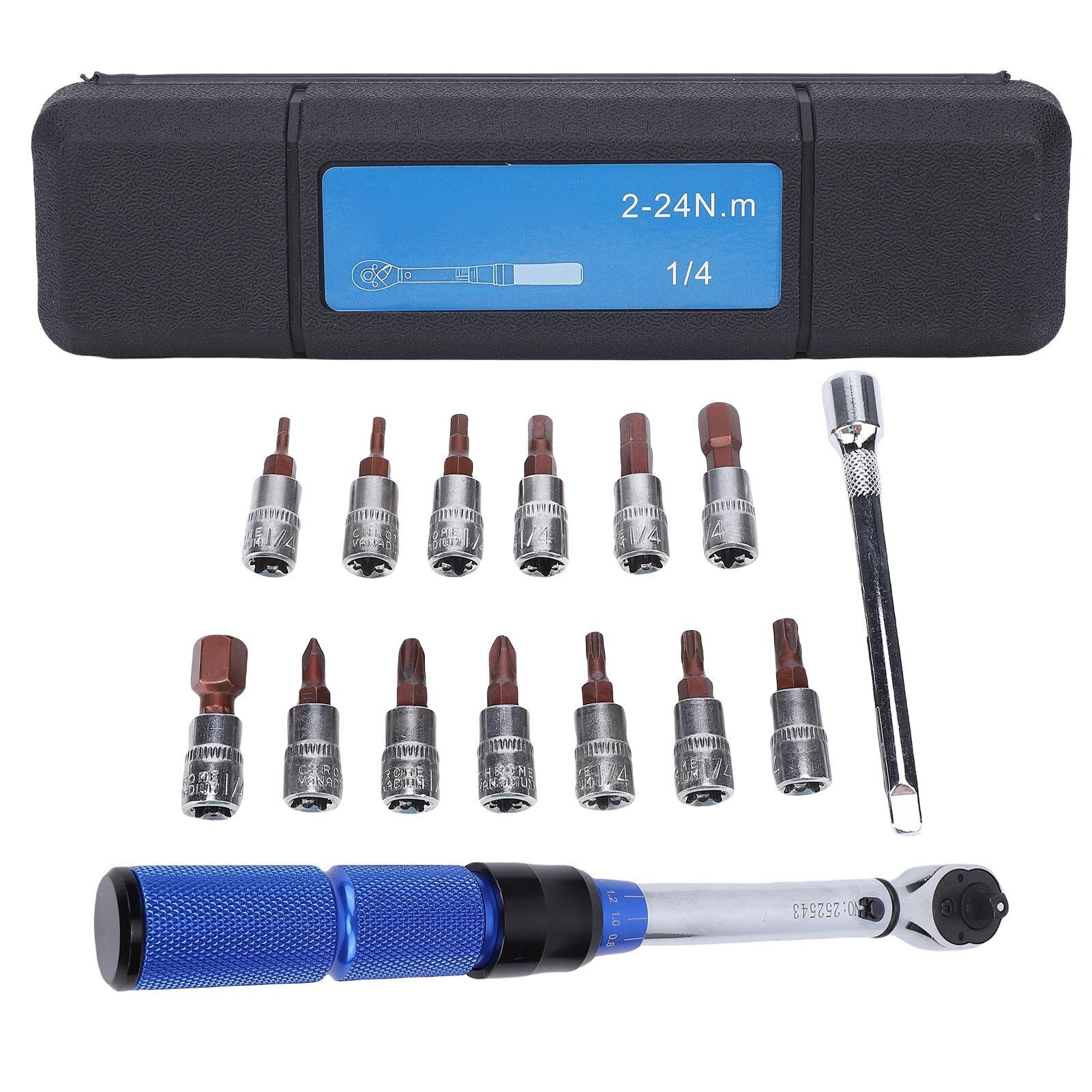Набор торсионных ключей с предварительной установкой, привод 1/4 дюйма, трещотка с 72 зубьями, регулируемый гаечный ключ, 2–24 Н·м, с 13 битами