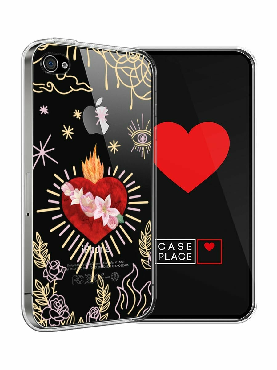 Чехол на Apple iPhone 4/4S / Айфон 4/4S с принтом "Сердце в цветах", прозрачный — фото 1