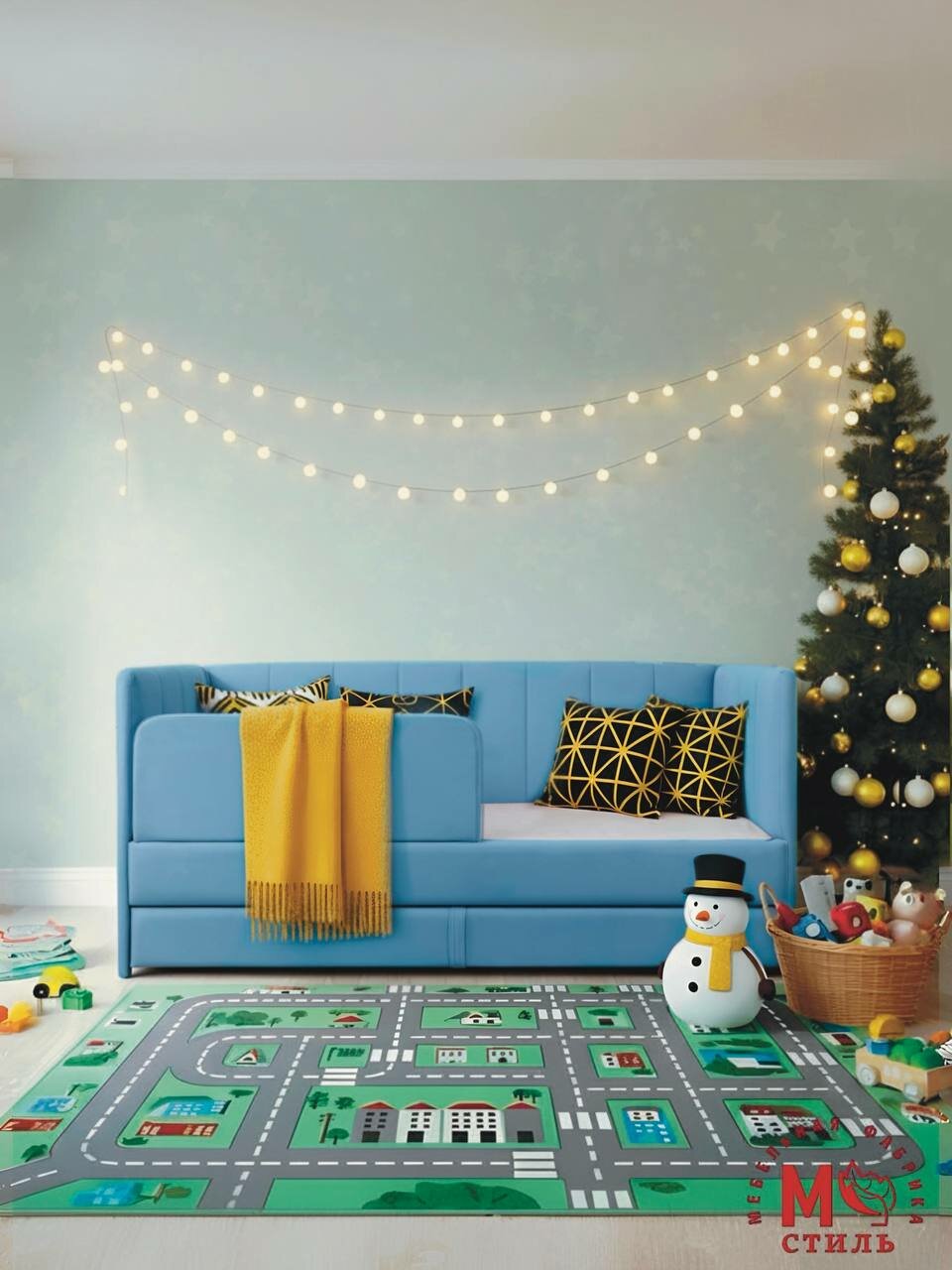 Кровать-диван Хагги 200*90 голубая с защитным бортиком, ящиком для хранения