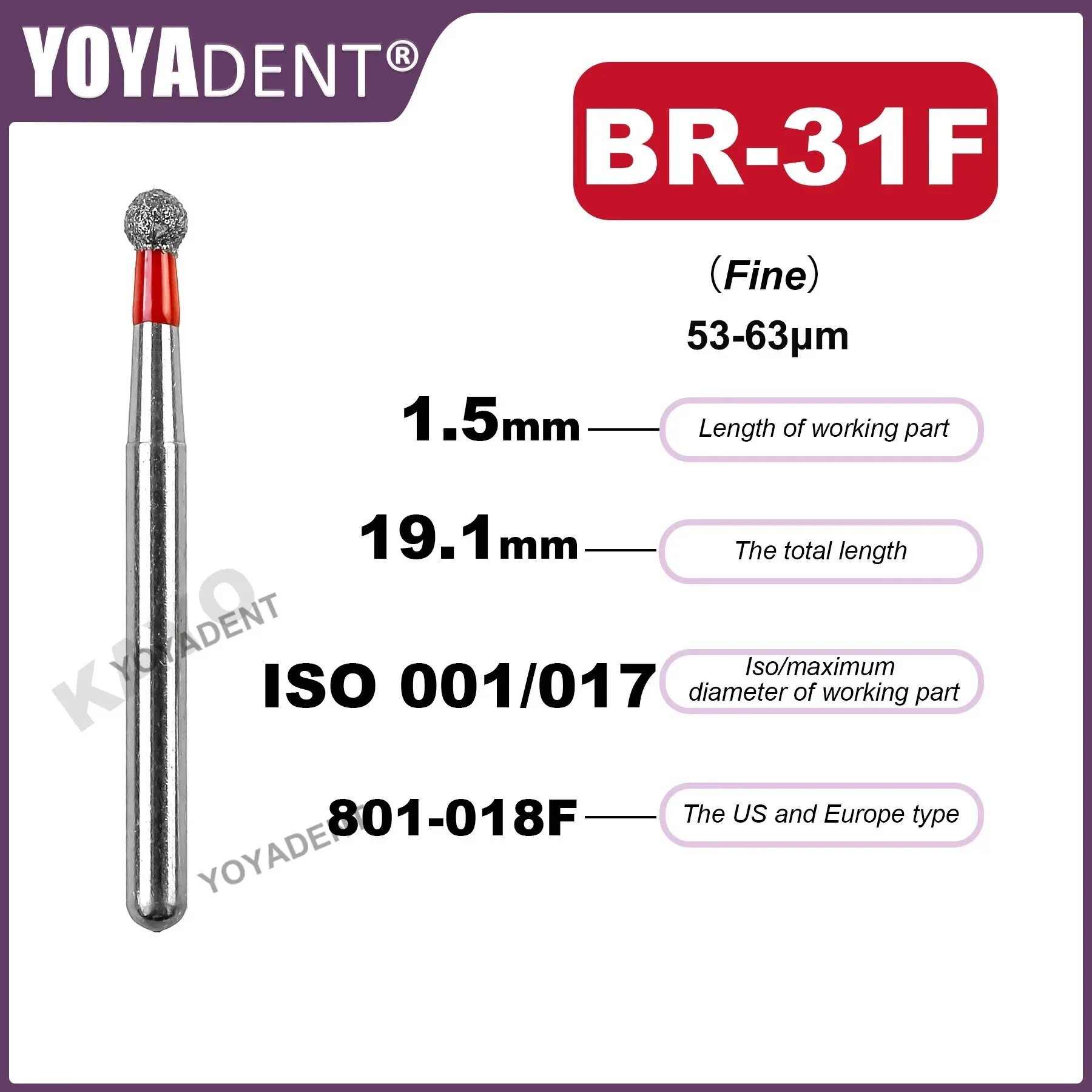 Алмазный бор YOYADENT BR-31F Fine 1.5 мм 19.1 мм
