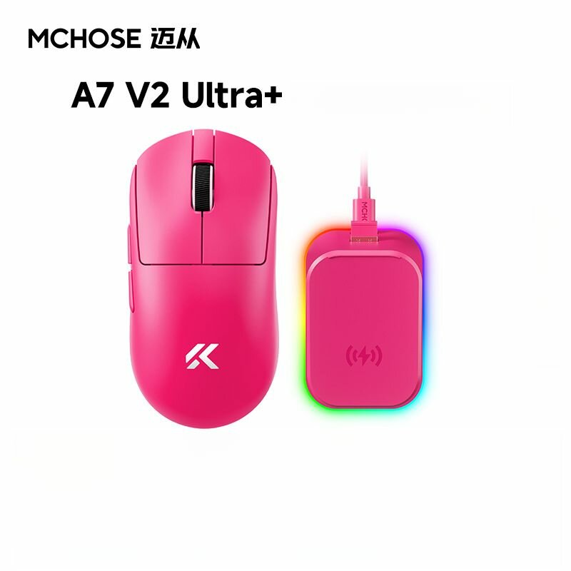 MCHOSE Игровая мышь беспроводная A7 V2 Ultra+, сенсор PAW3950 Ti, Частота опроса проводная/беспроводная до 8К(Содержит 8к ресивер для мышек), Проводной/2.4G/BT, розовый