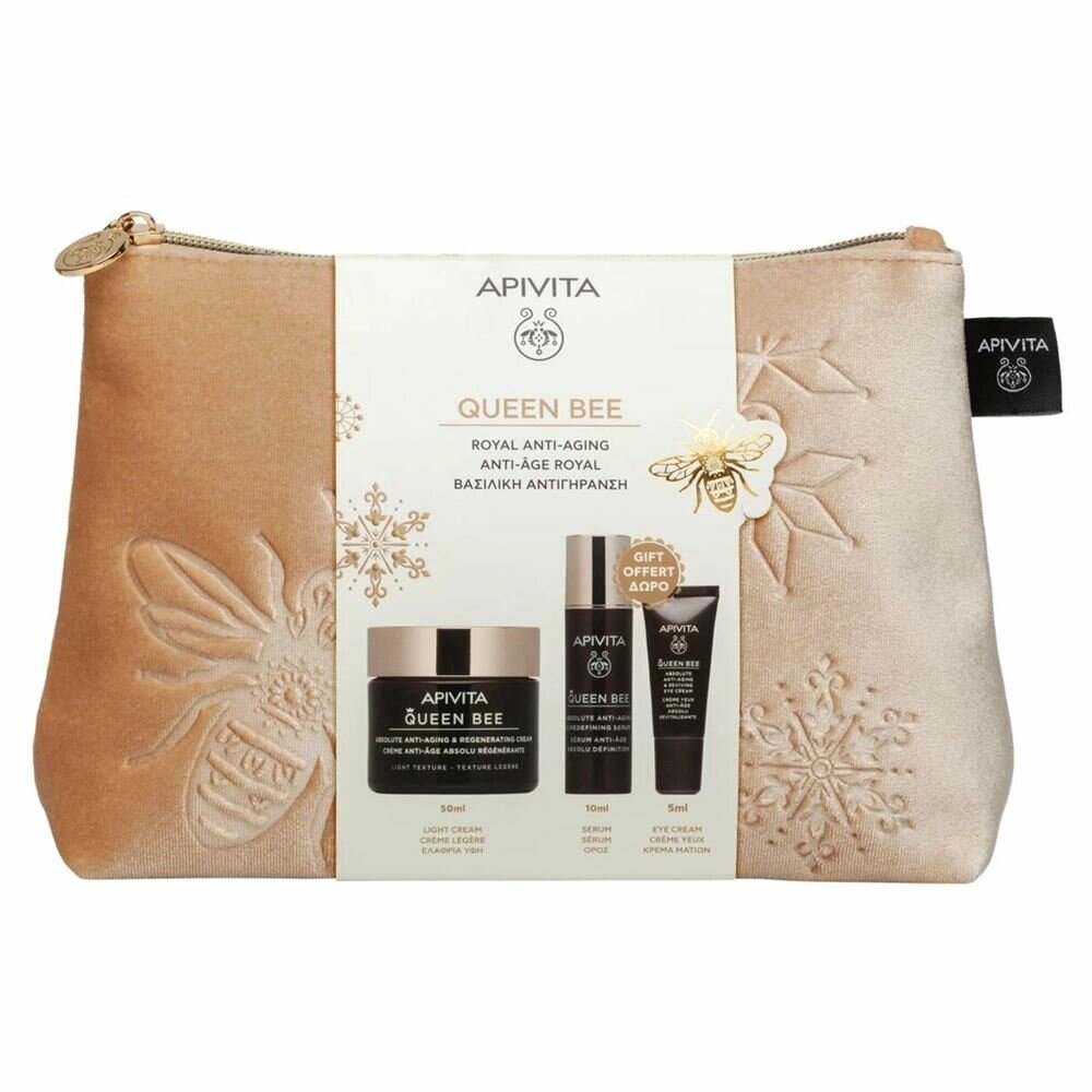 Набор Apivita Queen Bee Royal Anti-Aging (Light Texture): крем с легкой текстурой 50 мл, сыворотка 10 мл, крем для глаз 5 мл