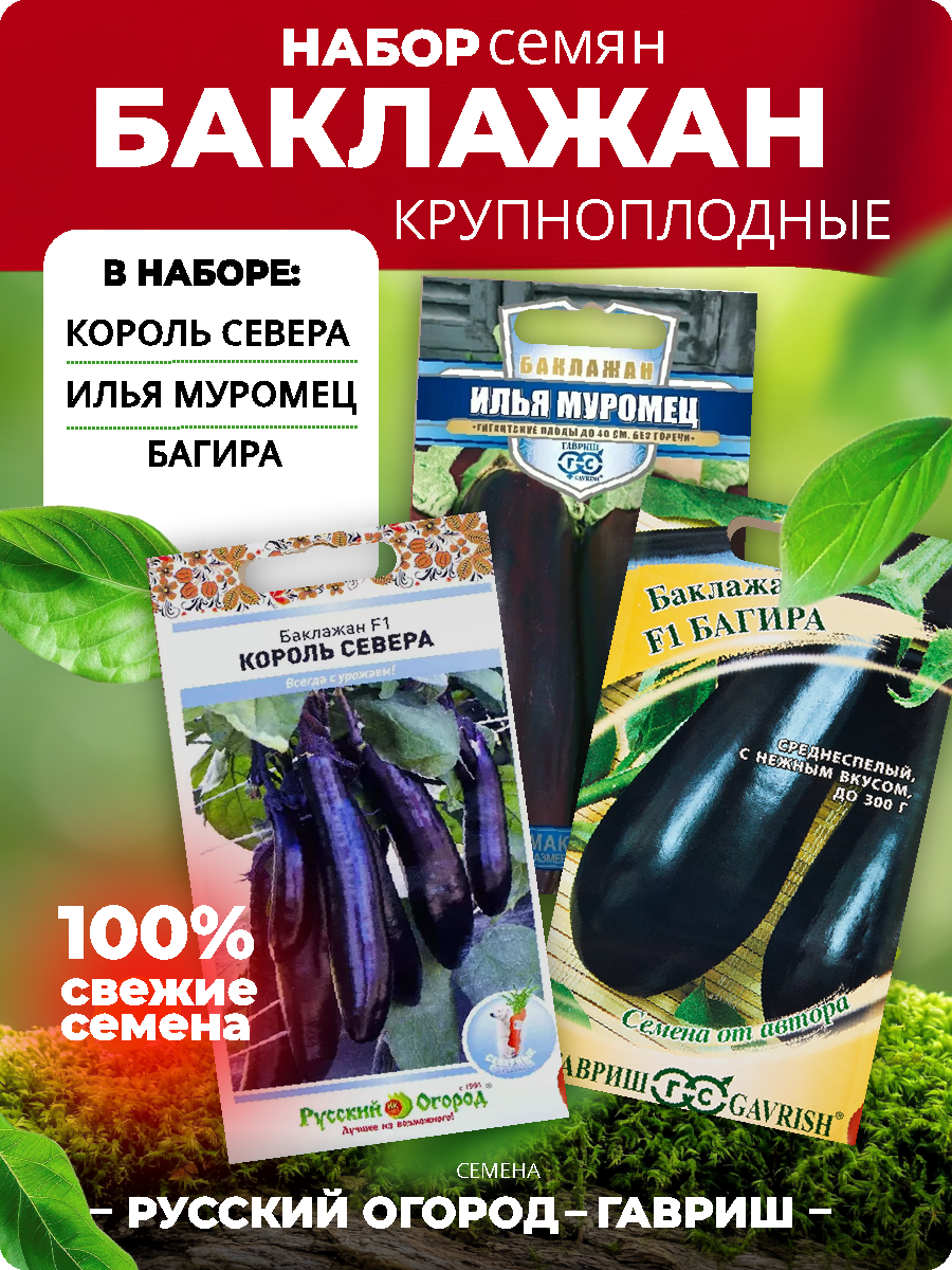 Семена баклажан для огорода ассорти №2 (Король Севера, Илья Муромец, Багира)