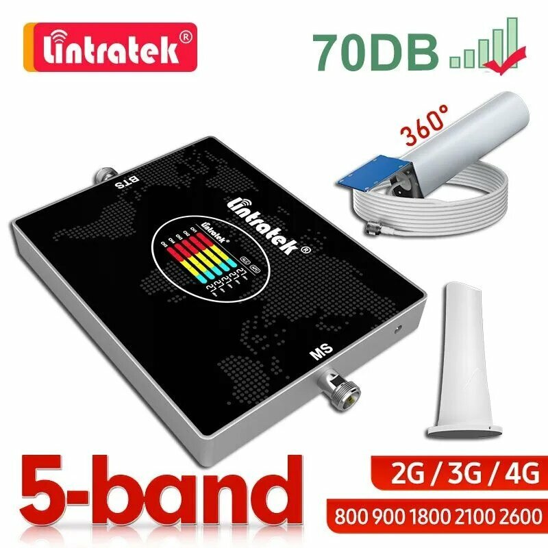 Lintratek 2G 3G 4G 5G Комплект усилитель сотовой связи 5-частот B20 800 900 1800 2100 2600 мгц Покрытие до 1000 м