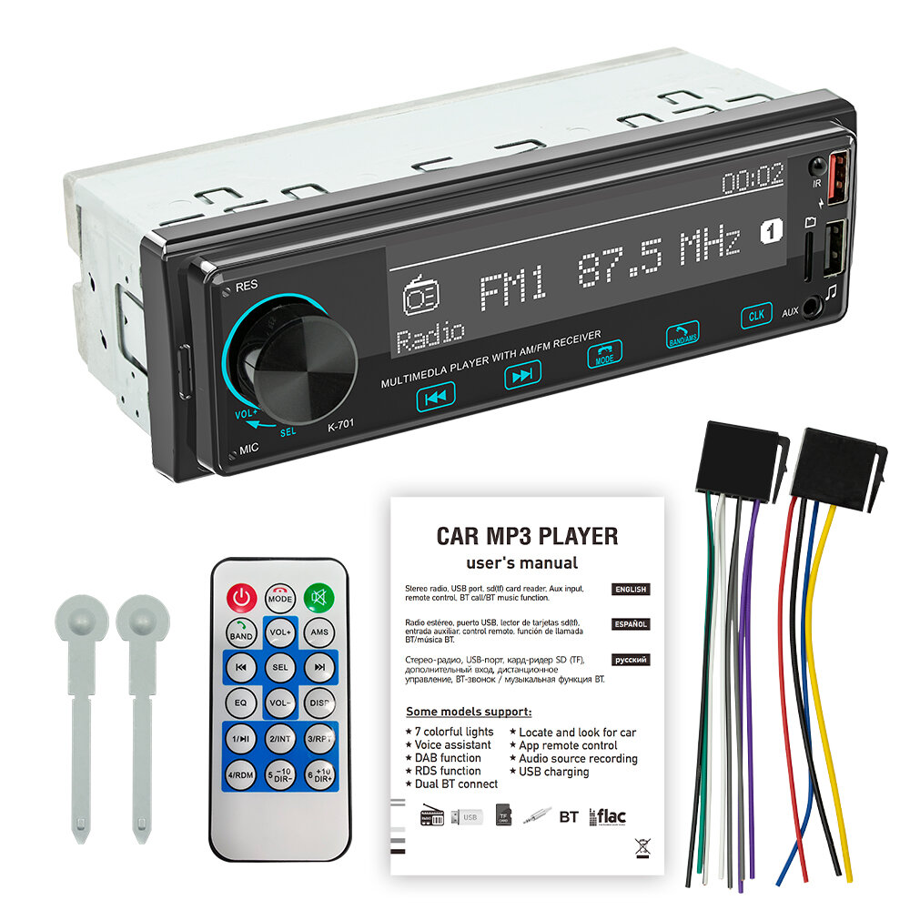 Single Din Car Stereo Receiver 1 Din MP3 Player FM Radio Full-Touching Button Hands-Free Calling USB Charging U-Disk TF Card AUX-IN BT5.1 Vehicle Search Remote Controller Colorful Light LCD Dot-Matrix Screen 2.5D Panel FM 87.5-108MHz 60W*4 12-14.4V MP3