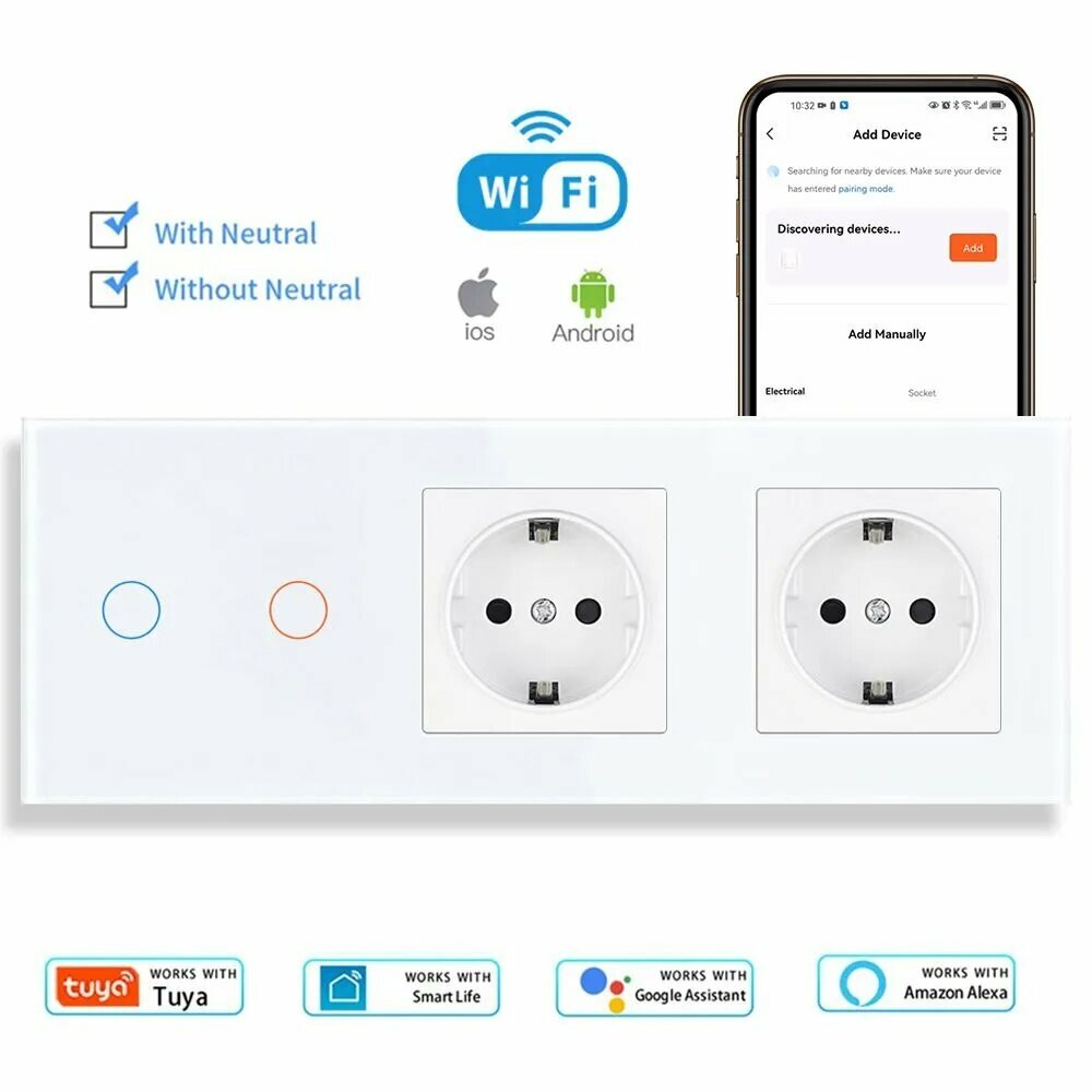 Умный сенсорный WIFI выключатель с двумя розетками в одной стеклянной белой рамке для Алисы, двухклавишный + 2 обычные розетки