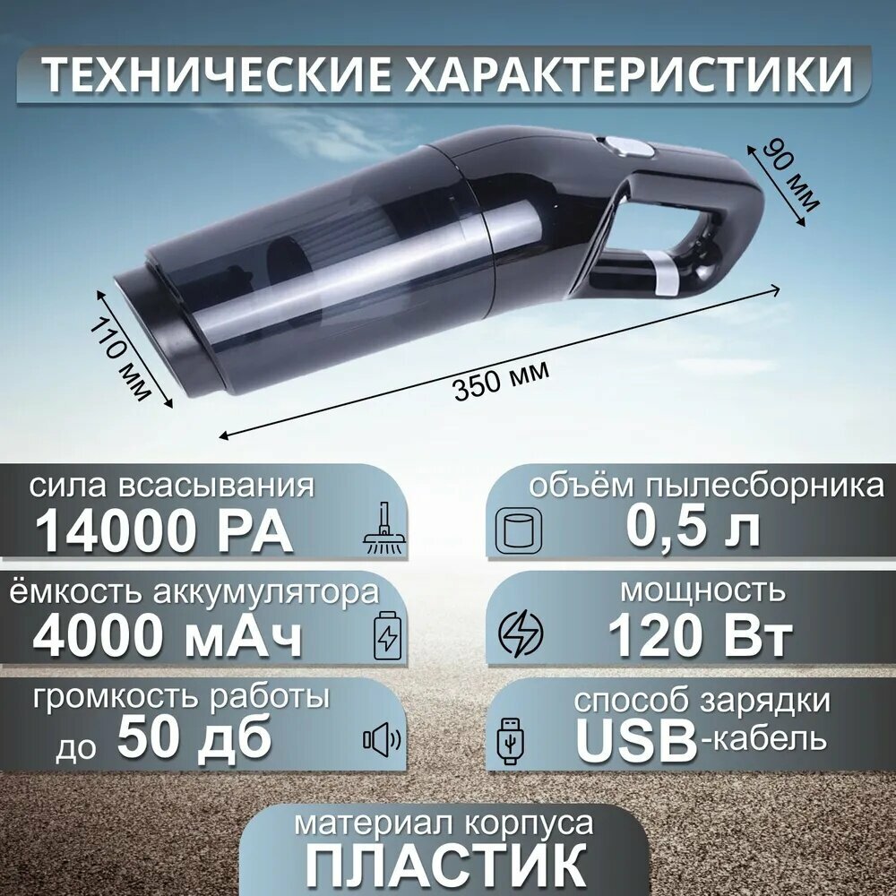Пылесос автомобильный, портативный беспроводной прибор для сухой уборки салона автомобиля и дома с зарядкой от сети — фото 1
