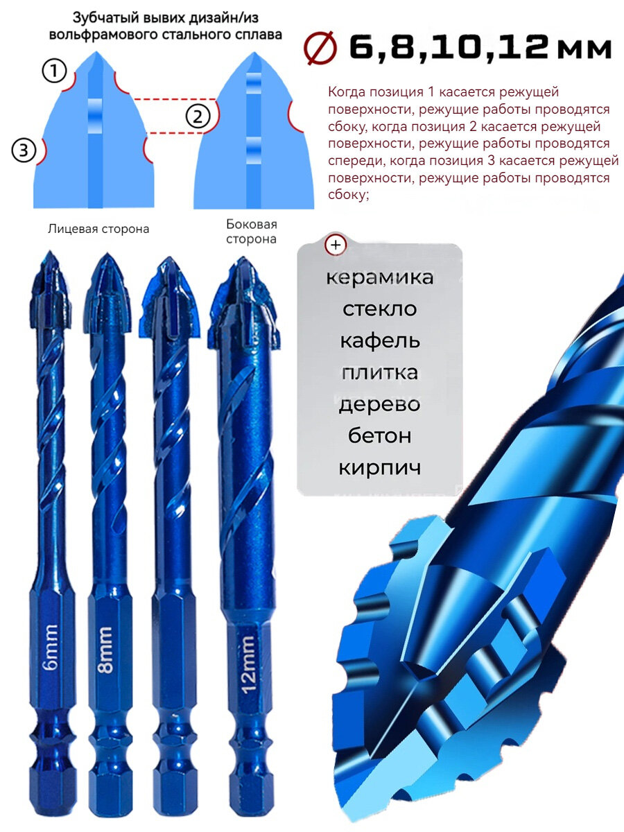 Набор алмазных эксцентриковых свёрл 6/8/10/12 мм для стекла, плитки, керамики, 4 предметов. Треугольное сверло, высокая точность, Вольфрамовая сталь