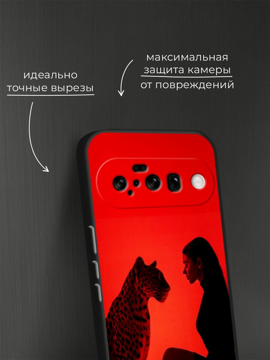 Черный матовый чехол на Google Pixel 10 / Гугл Пиксель 10 с принтом Девушка с леопардом — фото 1