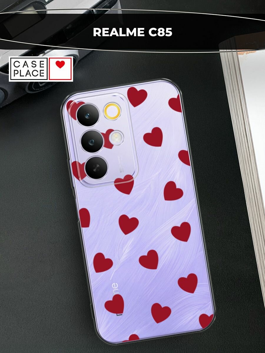 Чехол на Realme C85 / Реалми C85 с принтом Бордовые сердечки паттерн, прозрачный