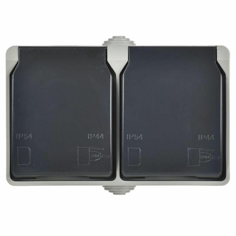 Розетка 2-м ОП Форс РСб22-3-ФСр 16А IP54 с заземл. с крышкой сер. IEK ERS22-K03-16-54-DC